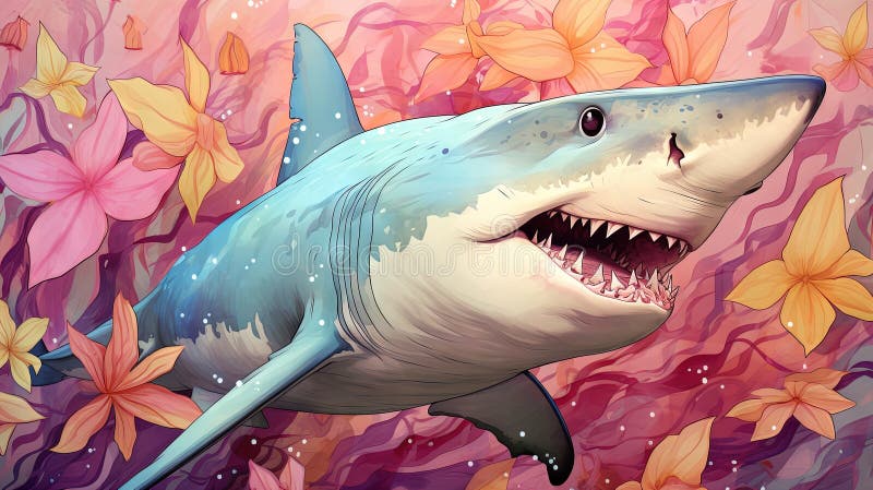 Shark in Flowers Retro Background with Pink Flowers and 60s Style Stock ...
