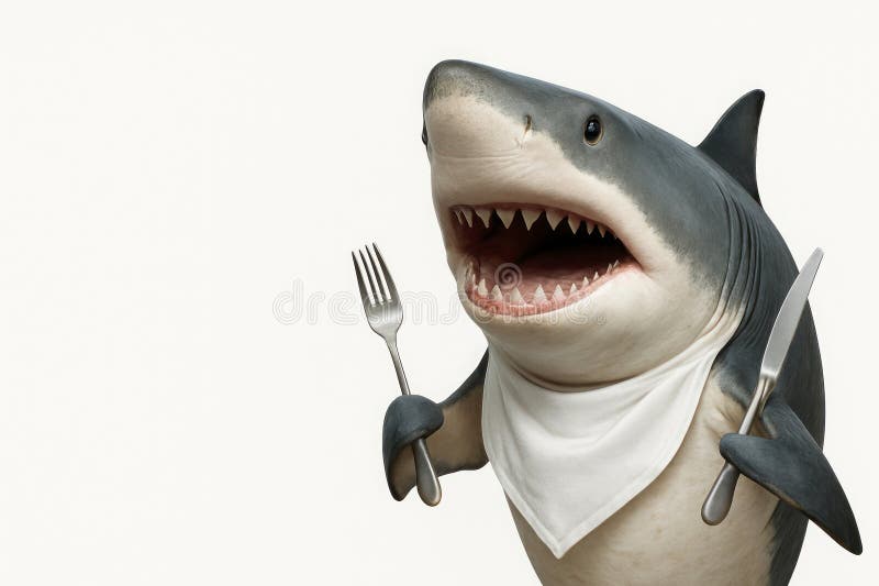 Shark with Fork and Knife, Preparing To Eat. Space for Text. Stock ...