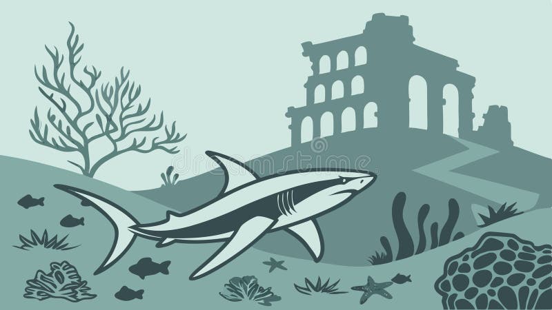 Shark Gliding through Ancient Underwater Ruins, Vector Design ...