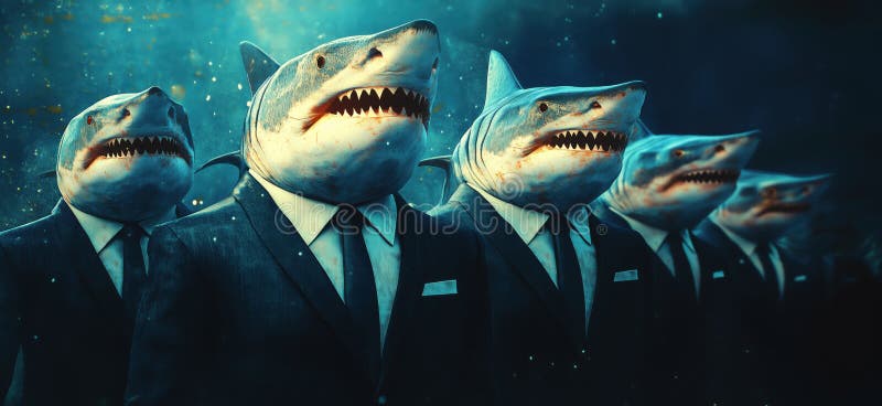Shark-headed Businessmen in Suits Standing in a Surreal Underwater ...