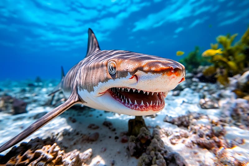 A Shark with Its Mouth Open on a Coral Reef Stock Image - Image of ...
