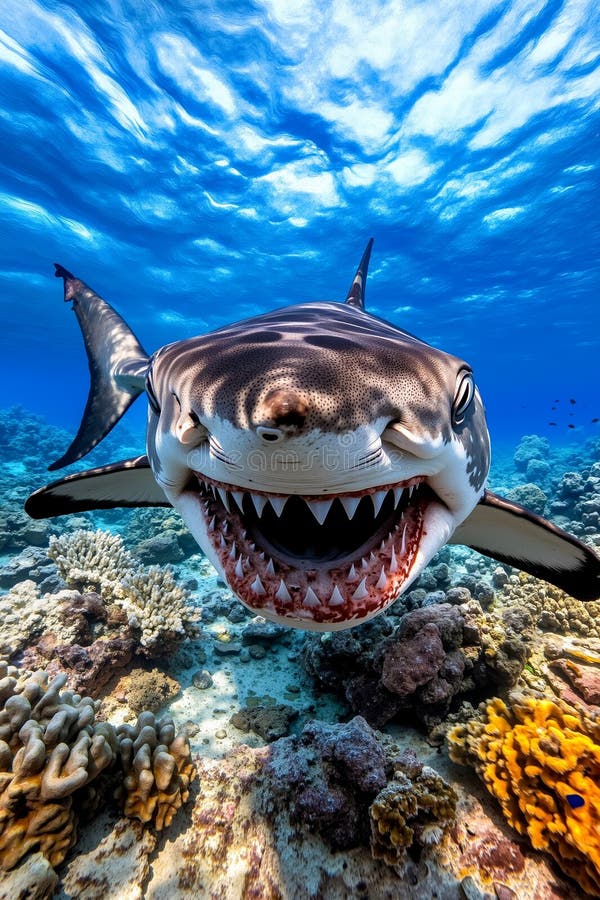 A Shark with Its Mouth Open on a Coral Reef Stock Image - Image of ...