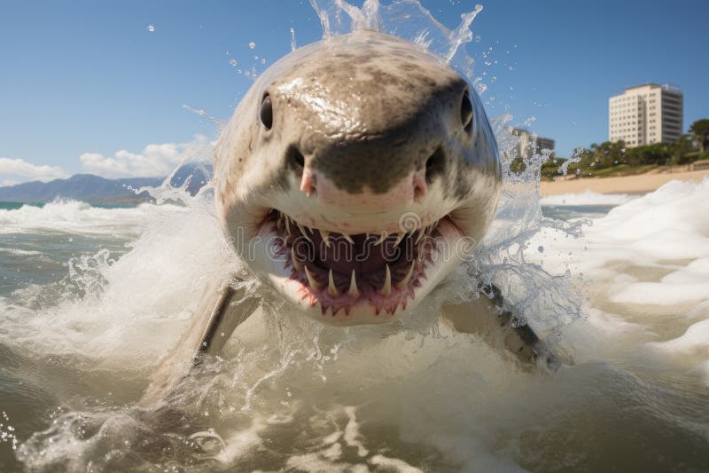 Shark Leaping from Water, Facing Camera on Clear Background for ...