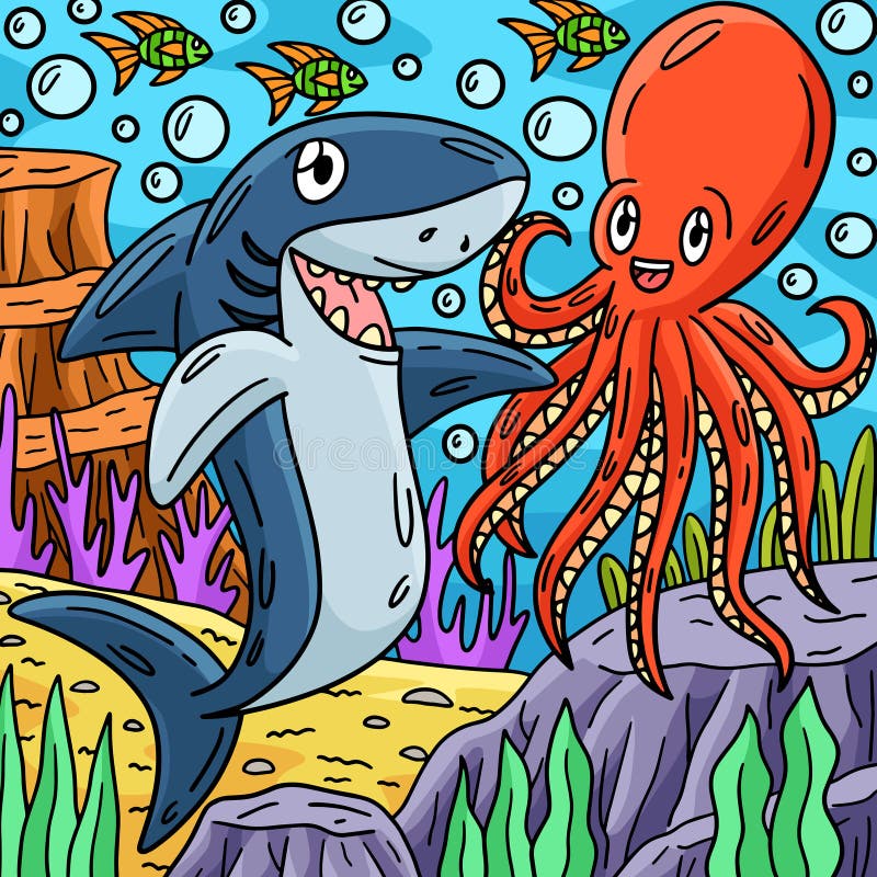 Shark and Octopus Colored Cartoon Illustration Stock Vector ...