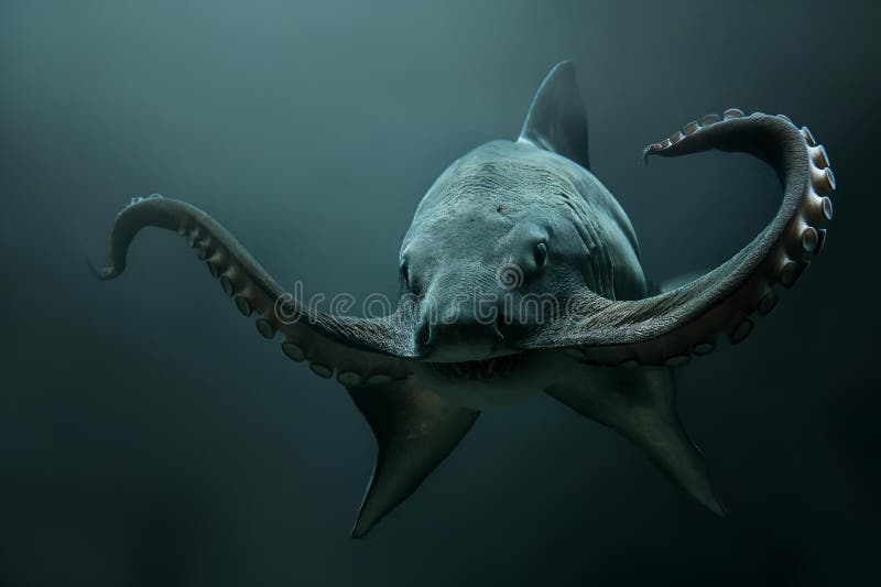 Shark with Octopus Tentacles in a Dark Ocean Environment. Stock ...