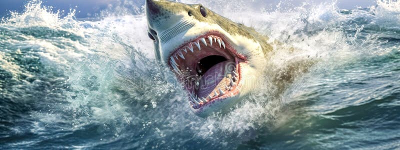 A Shark with Open Jaws and Sharp Teeth Swims with the Ocean, Banner ...