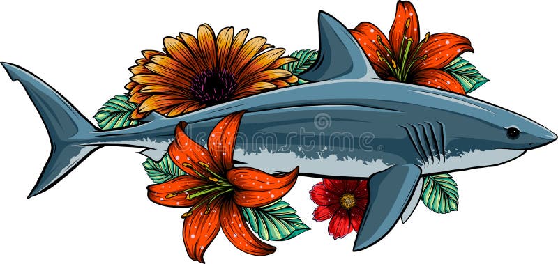 Shark Outline with Flowers and Leaves Design Stock Vector ...