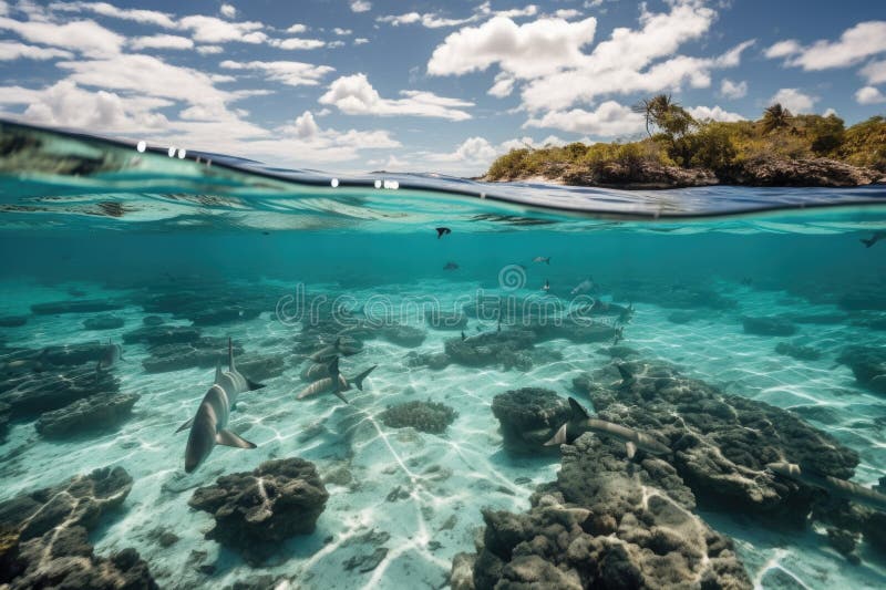 Shark and Ray Swimming among Schools of Fish in Crystal Clear Waters ...