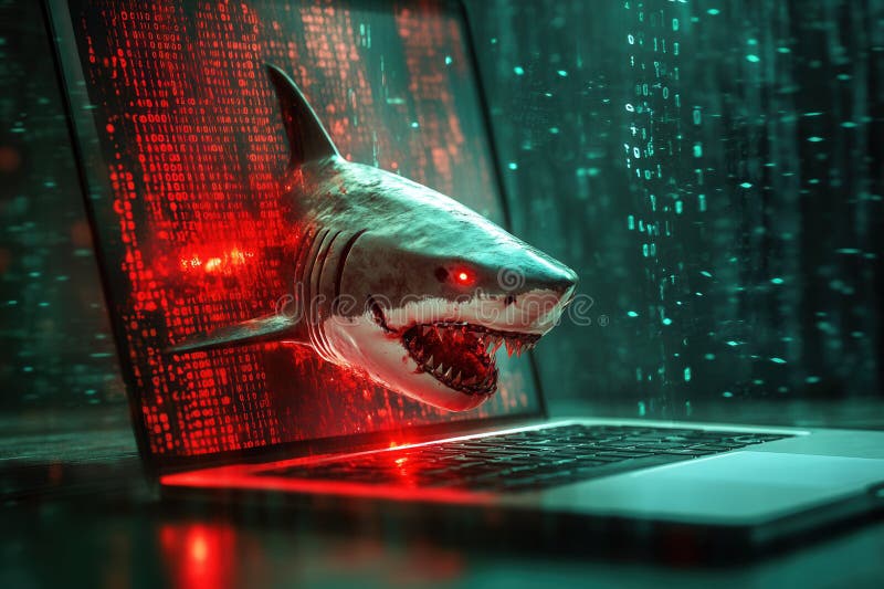 Shark with Red Eyes Attacking Laptop through Computer Screen ...
