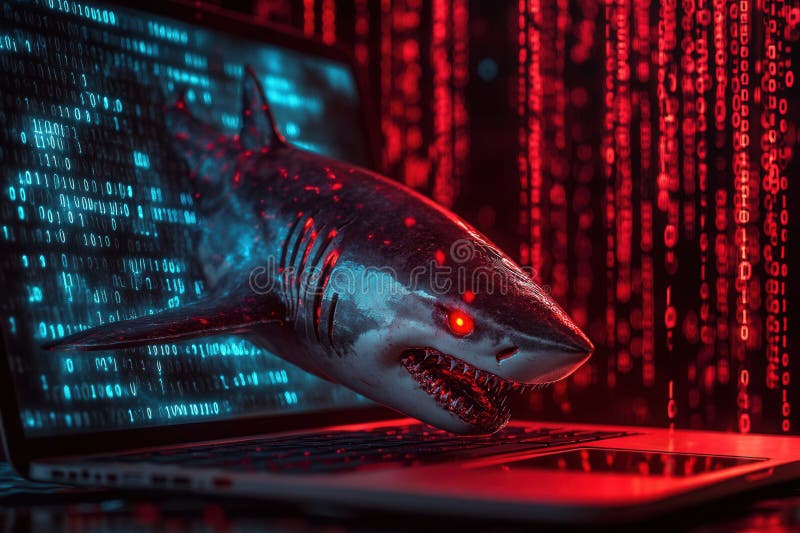 Shark with Red Eyes Emerging from Laptop Screen Symbolizing Cyber ...