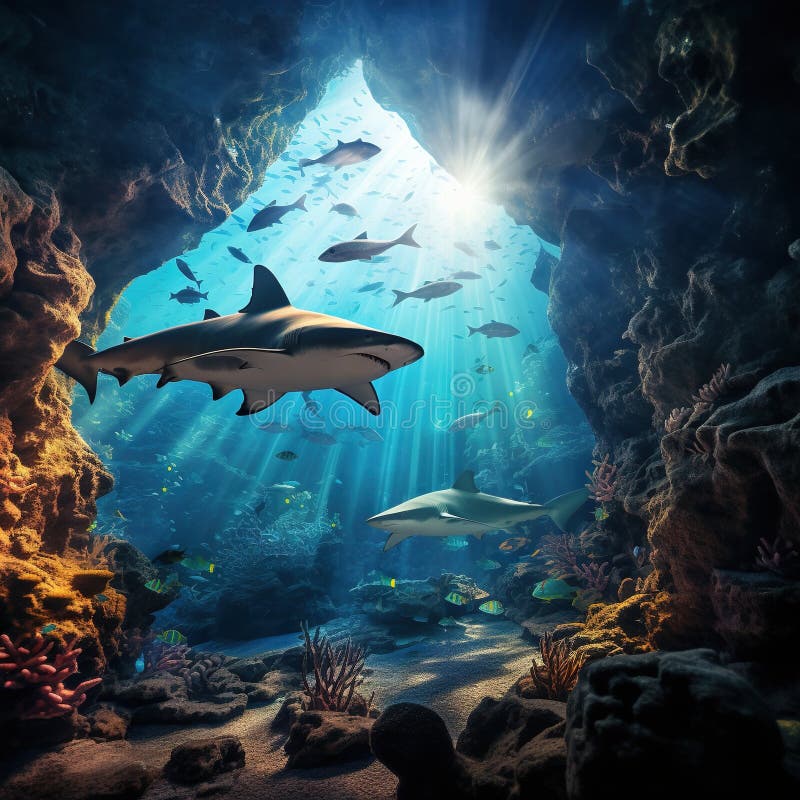 Shark Reef and Coral Reef Diving Underwater Made with Generative AI Illustration Stock ...