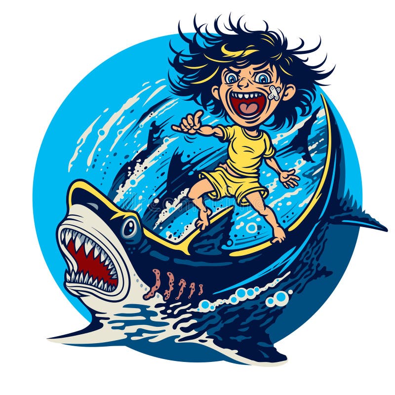 Surfer Boy Riding a Shark on Ocean Wave Stock Vector - Illustration of ...