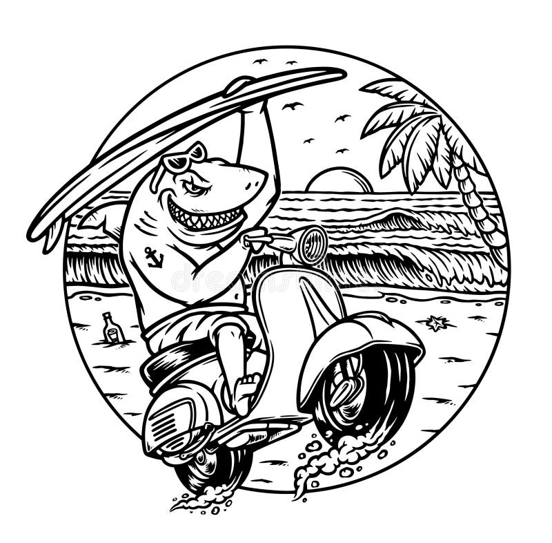 Shark Riding a Scooter on the Beach Stock Vector - Illustration of ...