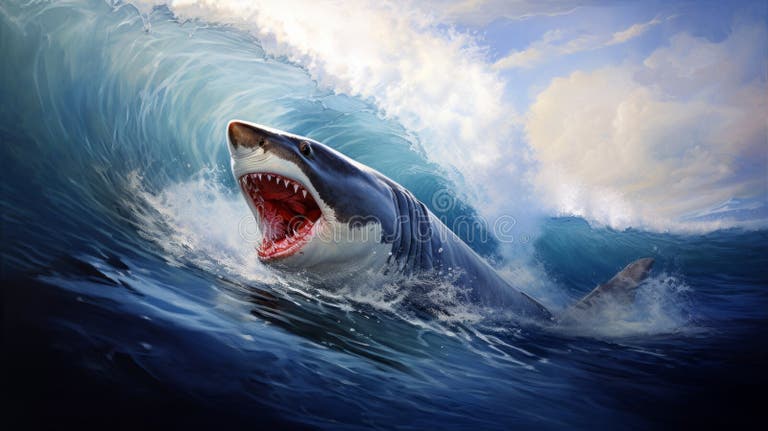 Shark riding a wave stock illustration. Illustration of white - 289317234