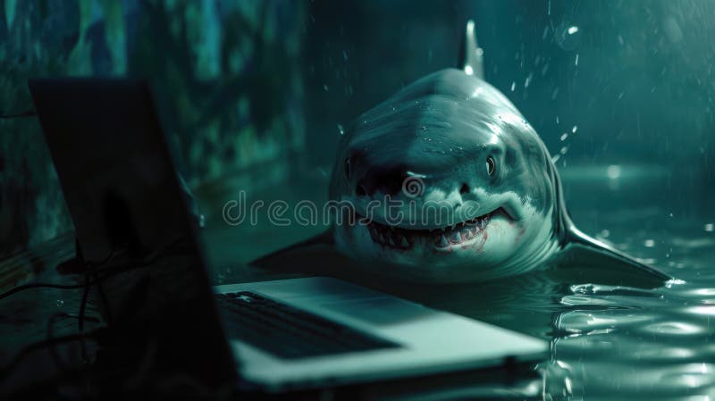 The Sharkâ€™s Fierce Gaze As it Types Away on the Computer Serves As a ...