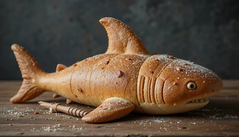 Shark Shaped Bread on Wooden Surface with Decorative Elements Stock ...