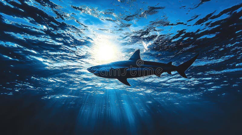 Shark Silhouette Underwater with Sun Rays Stock Illustration ...