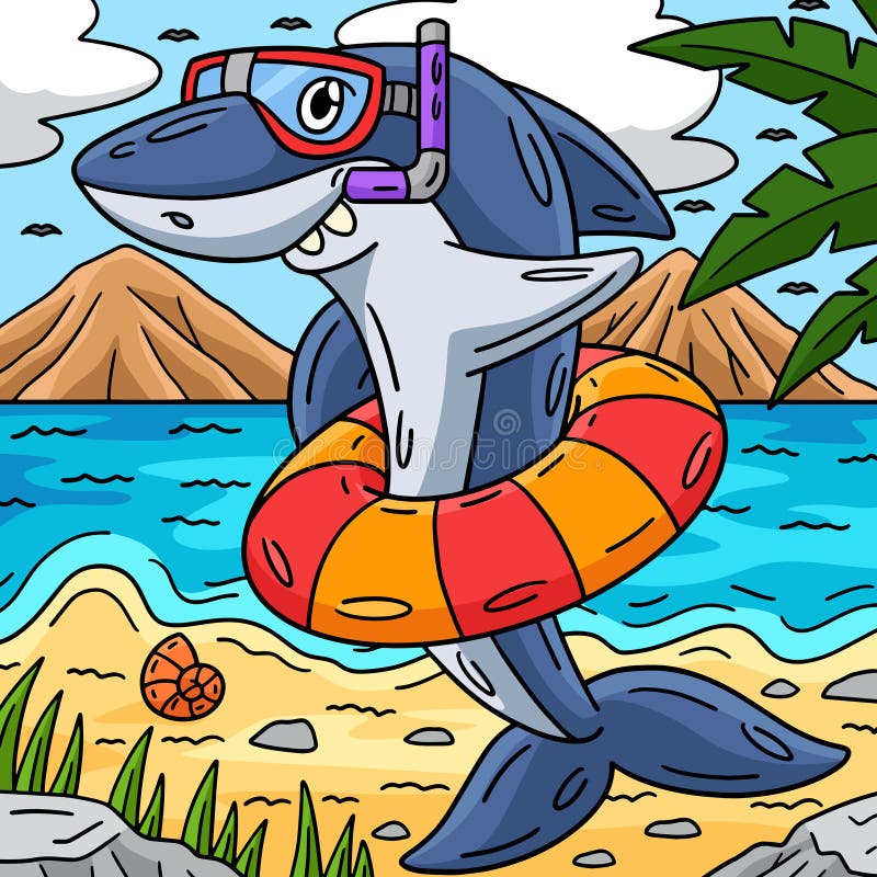 Shark with Snorkel and Float Ring Colored Cartoon Stock Vector ...