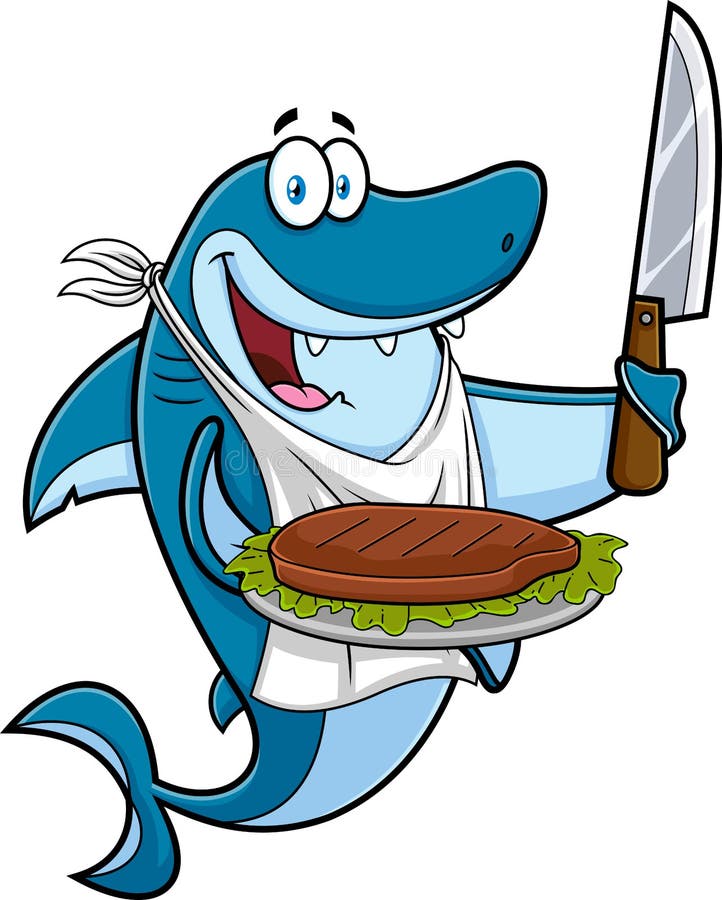 Shark Chef Cartoon Character Showing Grilled Steak on Plate Stock ...