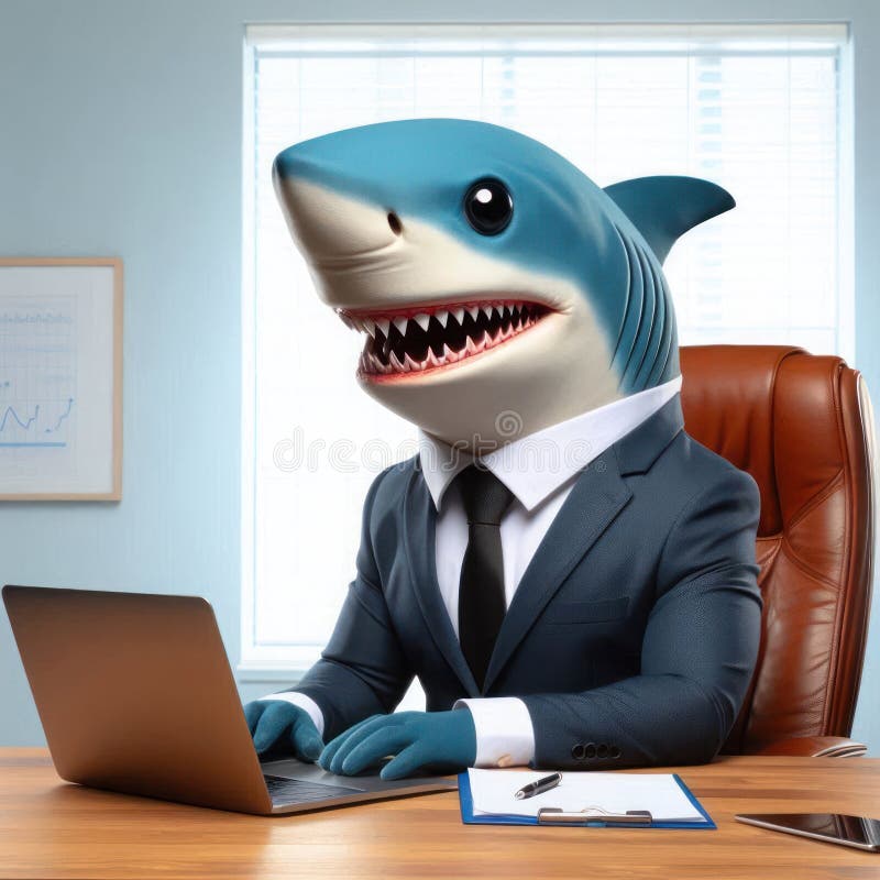 A Shark in a Suit is Working on a Laptop. Stock Photo - Image of ...