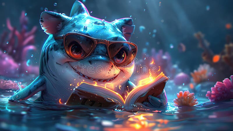 Shark Reading a Book stock illustration. Illustration of coral - 327354945
