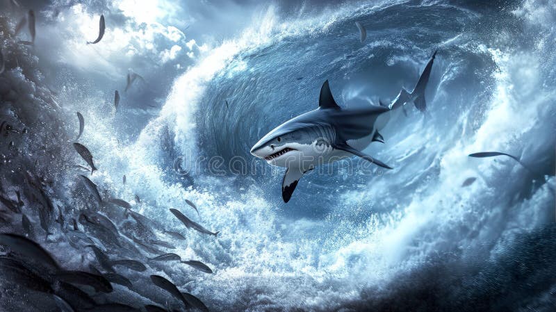Shark Surging through a Giant Wave Stock Photo - Image of aquatic ...