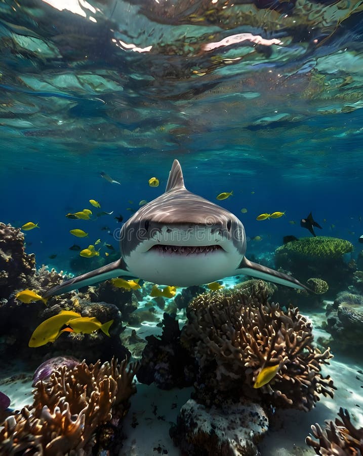 Shark Swimming through Coral Reef Stock Illustration - Illustration of ...