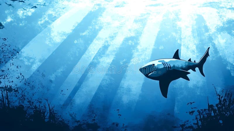 Shark Swimming in the Deep Blue Ocean with Sunbeams Stock Image - Image ...