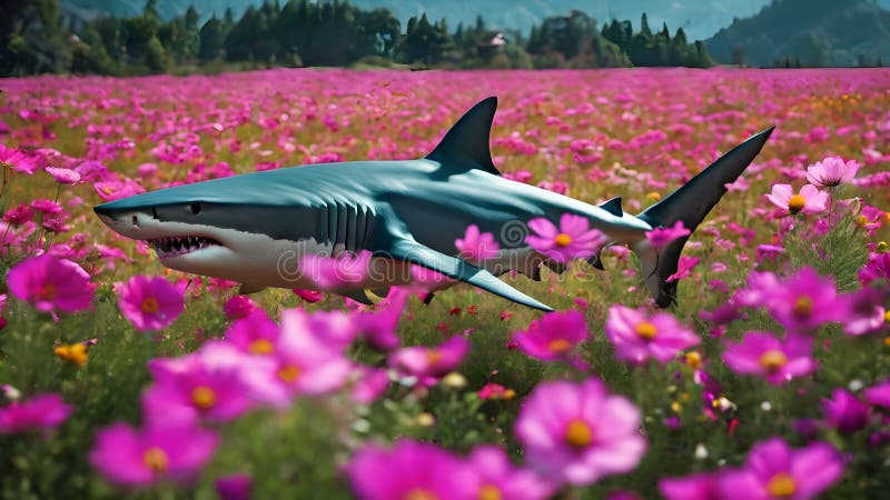 Shark Swimming among Flowers Stock Illustration - Illustration of fish ...