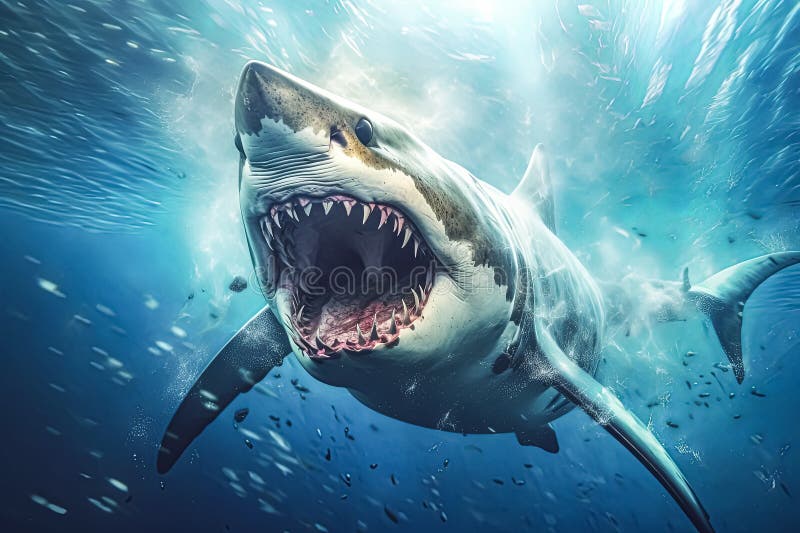 Shark is Swimming in the Ocean with Its Mouth Open. Stock Image - Image ...