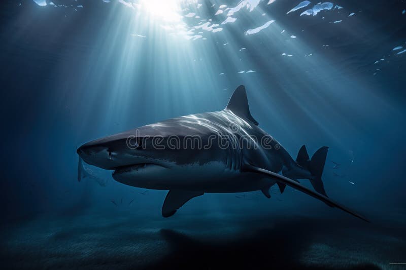 A Shark Swimming in the Ocean with a Light Shining on it S Face and a ...