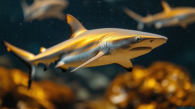 Shark Swimming Ocean Reef Background, Underwater Wildlife Stock ...