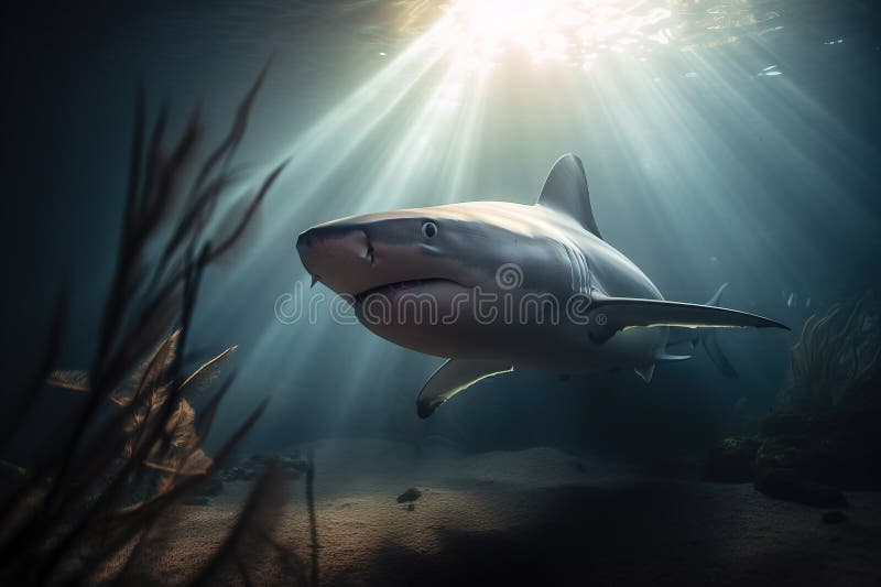 A Shark Swimming in the Ocean with Sunlight Shining through the Water S ...