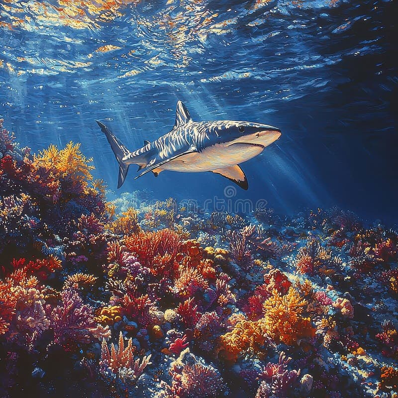 Shark Swimming Over Vibrant Coral Reef Stock Illustration ...