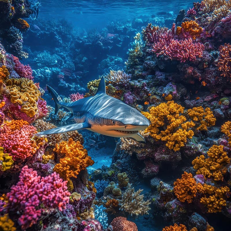 Shark Swimming through Vibrant Coral Reef Stock Illustration ...