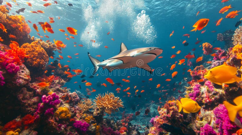 Shark Swimming through Vibrant Coral Reef Stock Illustration ...