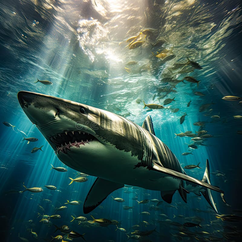 Shark Swims in Ocean among Fish AI Generated Stock Illustration ...