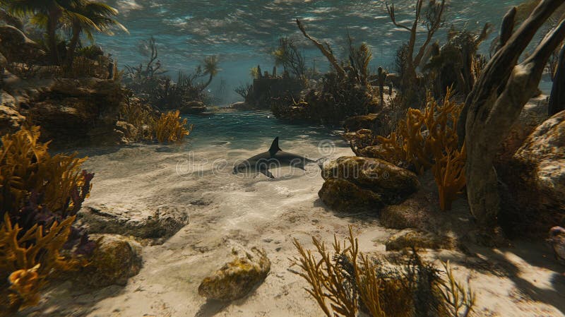 Shark Swims Shallow Reef, Tropical Background, Underwater Game Scene ...