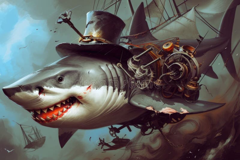 A Shark Wearing a Top Hat with a Steam Engine on it, Surreal ...