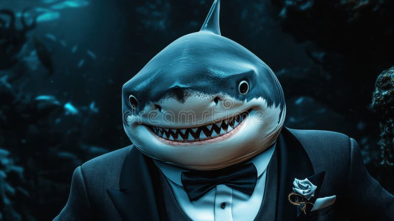 Shark Wearing a Tuxedo Posing Confidently in Water Stock Illustration ...