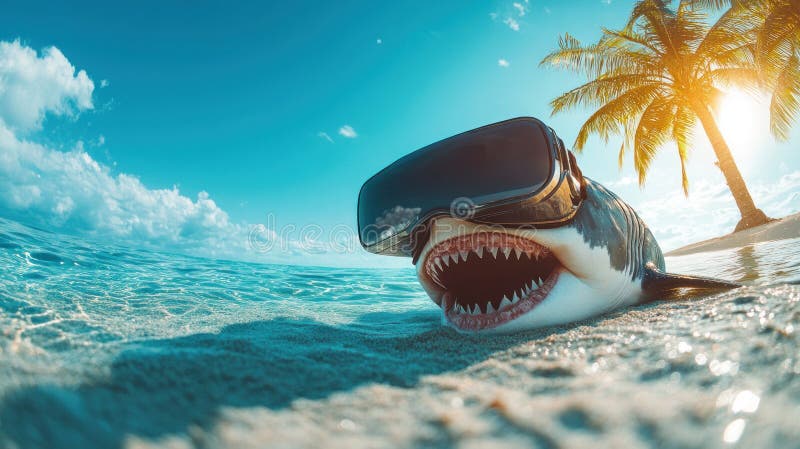 Shark Wearing VR Glasses Imagine To Island. Stock Photo - Image of ...
