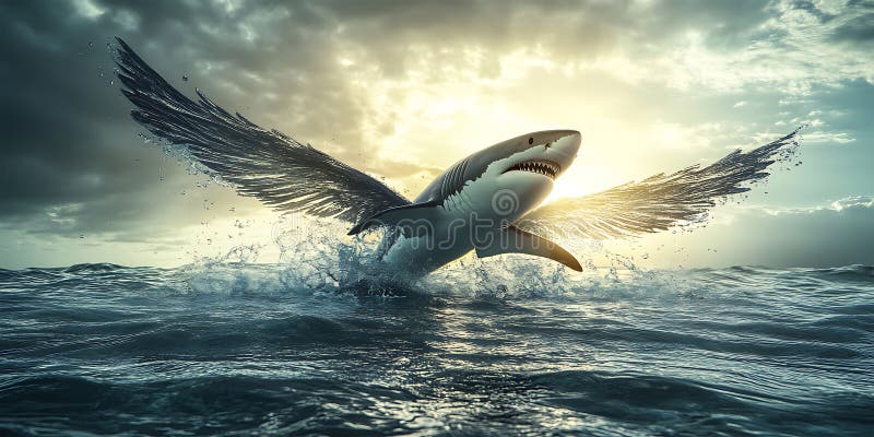 Shark with Wings of Light Breaking through the Ocean Surface Background ...