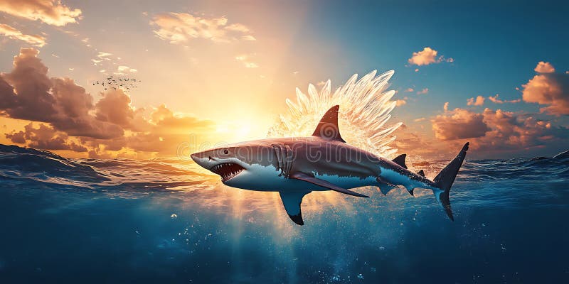 Shark with Wings of Light Breaking through the Ocean Surface Background ...
