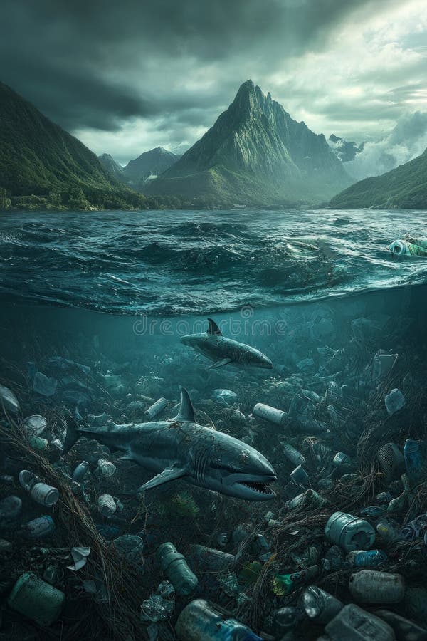 Sharks Navigate through a Heavily Littered Ocean, Showcasing the ...