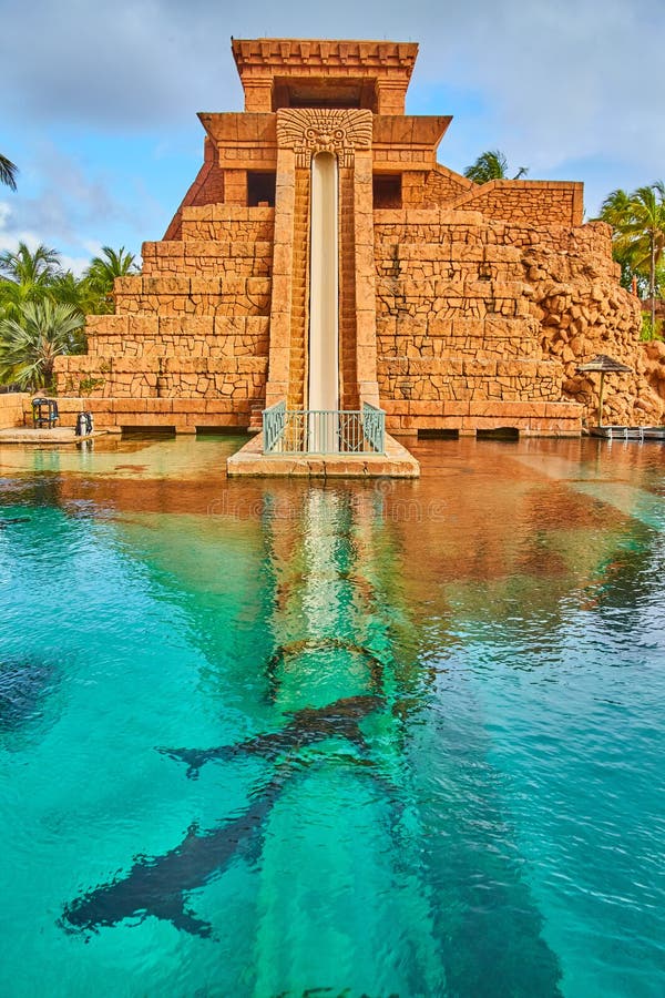 Sharks in Pool Swimming Over Slide Recreated Mayan Temple Stock Photo ...
