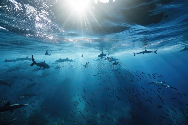 Sharks and Rays Swimming in Clear Blue Ocean, with Schools of Fish ...