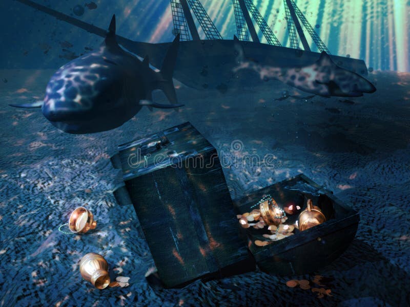 Sharks and treasure stock illustration. Illustration of padlock - 13671566