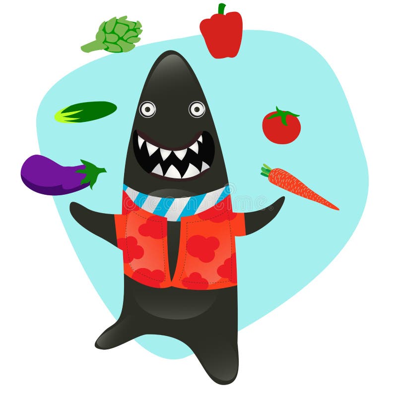 Sharky Shark Series in the Kitchen, with Lots of Veggies Stock Vector ...