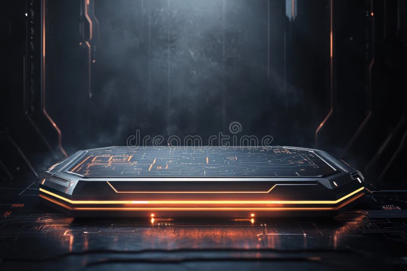 A Sharp, Angular Metallic Podium with Glowing LED Circuits Set Against ...