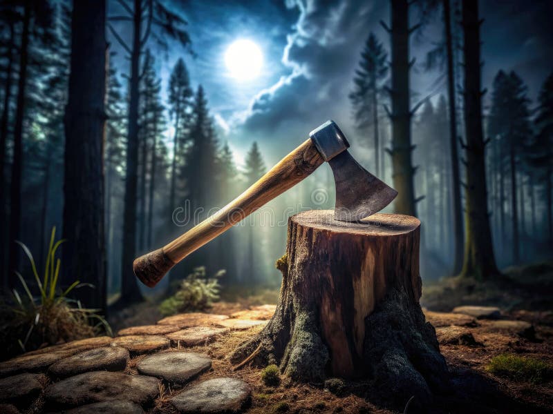 Sharp Axe on Ancient Log a Dramatic Forest Scene Illuminated by a ...